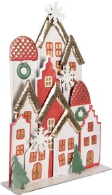Bílo-červená kovová dekorace domky se sněhovými vločkami - 30*8*46 cm