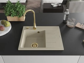 Mexen Ben granitový dřez s odkapávačem, levý 600 x 500 mm, béžový, zlatý sifon - 6522605000-69-G