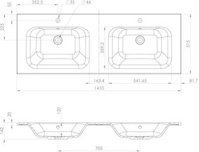 Sapho Areca dvojumyvadlo 141 x 51,5 cm s otvorem pro baterii s přepadem litý mramor bílá AC141