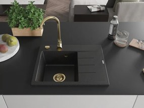 Mexen Ben, 1-komorový granitový dřez 600x500x190 mm, levý + zlatý sifon, černá-stříbrná metalíza, 6522605000-73-G