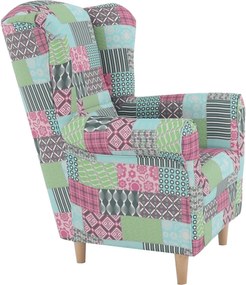relaxační křeslo, ušák, dřevo/látka, nohy světlé/potah patchwork M1, Tempo Kondela CHARLOT