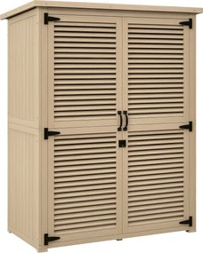 Outsunny Dřevěná Kůlna 0.83 m² 127x65x168 cm Exteriérový Dřevěný Kroužek se 2 Závěsnými Dveřmi, 2 Policemi, 2 Rukojeťmi a Voděodolnou Stříškou pro Zah