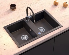 Černý dvoukomorový kuchyňský granitový dřez QUADRON DENZEL 120 bez baterie