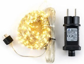 LED světelný řetěz, kapičky, venkovní, 20 pramenů × 3 m, teple bílá, 600 diod, stříbrný kabel, IP44, vč. trafa