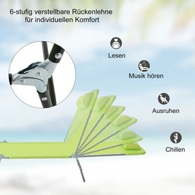 Skládací sluneční lehátko Outsunny s nastavitelným opěradlem a polštářem, zahradní, plážové a kempingové lehátko, Zelené