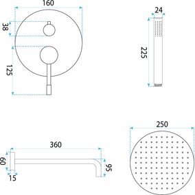 Rea Lungo Diamond, podomítkový sprchový set s dešťovou hlavovou a ruční sprchou, zlatá lesklá, REA-P6964