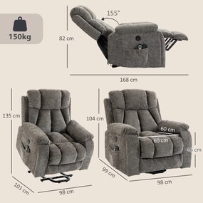HOMCOM Relaxační křeslo, televizní křeslo s pomocí při vstávání, masáž a teplo, křeslo pro seniory se širokým a hlubokým sedákem, USB připojení