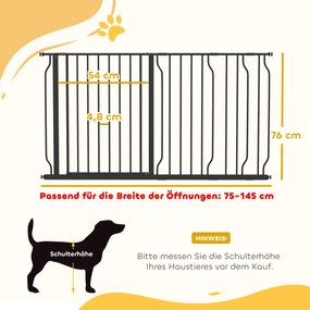 Bezpečnostní branka pro psy PawHut, 75-145 cm, nastavitelná, otevírání do dvou směrů, dvojité zamykání, montáž bez vrtání, ABS, ocel, černá| Aosom