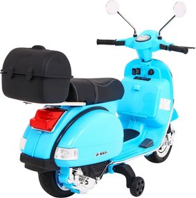 Ramiz Elektrický skútr Vespa pro děti modrý + pomocná kolečka + audio + ekokůže + EVA + plynulý start