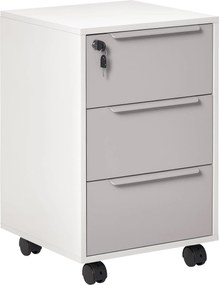 HOMCOM zásuvková jednotka se 3 zásuvkami – kancelářský file cabinet s kolečky, zámkem a 2 klíči pro domácí kancelář 40x40x63,5 cm bílá a šedá | Aosom