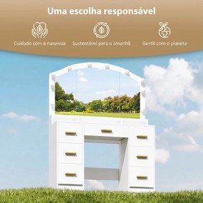 HOMCOM Toaletní stolek s 10 LED hollywoodskými žárovkami, zrcadlo, 7 zásuvek, 3 přihrádky, MDF, bílá