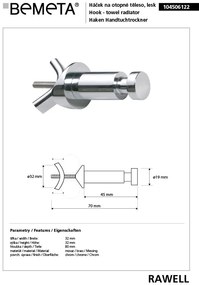 Bemeta Design RAWELL: Háček, na topné těleso, lesk -