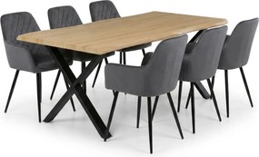 Vikio Jídelní set pro 6 osob 180x90 cm soft dub noha X šedá židle s područkami VJS228-6S