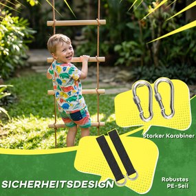 AIYAPLAY Ninja Line dětský lanový žebřík s 5 příčkami a slackline 1,8 m — přírodní dřevo, včetně 2 karabin a 2 popruhů na strom (3–8 let)