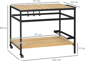 Outsunny Servírovací vozík v průmyslovém designu, odolný proti povětrnostním vlivům, 3 háčky, 1 police, 107 cm x 65 cm x 80 cm, černá + příroda