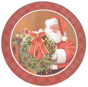 Červený károvaný plastový vánoční kulatý podnos/talíř Santa - Ø 33*1 cm