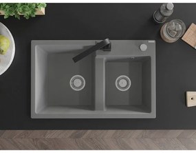 Mexen Tomas, granitový dřez 800x500x190 mm, 2-komorový a černá baterie Rita, šedá, 6516-71-670300-70