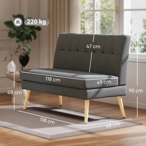 HOMCOM 2místná pohovka, čalouněné opěradlo s knoflíky, dřevěné nohy, silné čalounění, vzhled lnu, pro malé prostory, šedá