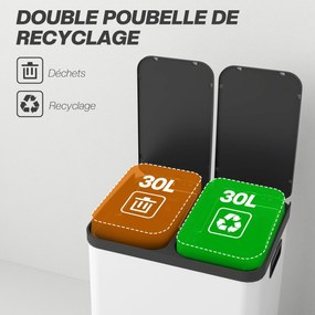 HOMCOM Kuchyňský Odpadkový Koš 2 x 30L Nerezový Pedálový Koš s 2 Odděleními, Tichý Klapkový Víko, Vyjímatelné Vnitřní Kbelíky pro Recyklaci a Odpad, B