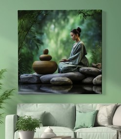 Obraz na plátně - Meditace, žena u dřevěných misek FeelHappy.cz Velikost obrazu: 80 x 80 cm