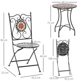 Outsunny zahradní set balkonový nábytek pro 2 osoby s mozaikovým stolem a 2 skládacími kovovými židlemi, vícebarevný pro zahradu a terasu | Aosom.de