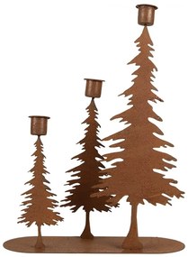 Rezavý kovový vánoční svícen se stromky na úzké svíčky Brocante rust - 14*14*26 cm