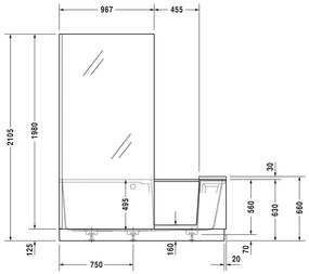 Duravit Shower + Bath - Vana se sprchovým koutem do levého rohu s panelem a nohami, 170x75 cm, čiré sklo, D 700403000000000