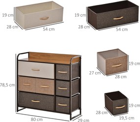 HOMCOM Textilní Komoda s 7 Skládacími Zásuvkami, Dřevěný Přední Panel a Kovový Rám pro Ložnici a Obývací Pokoj 80x29x78,5 cm