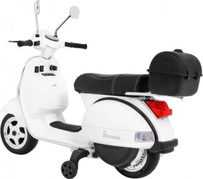 Ramiz Elektrický skútr Vespa pro děti bílý + pomocná kolečka + audio + ekokůže + EVA + plynulý start