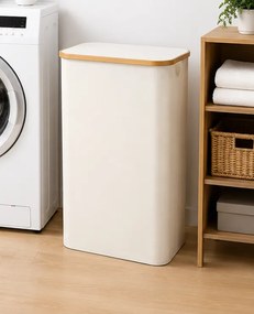 koš na prádlo, objem 60 l, s víkem, oxford/bambus, 66x41x22 cm, béžová/přírodní, Dekorino KP20260010
