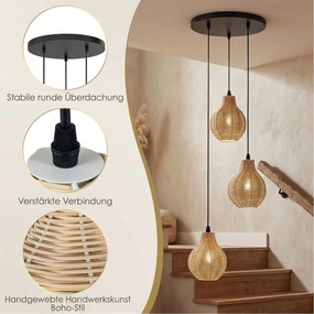 Costway 3-flame boho ratanový přívěsek světlý ručně tkaný přírodní košový lustr
