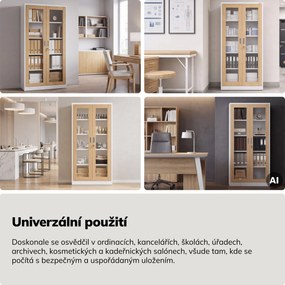 Kovová skříň s vitrínou bílá, dub sonoma, 900x1850x400 mm: AMELIA Eco Design