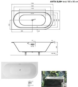 BESCO Asymetrická vana AVITA SLIM+ Nožičky k vaně - Bez nožiček, Rozměr vany - 180 × 80 cm, Způsob provedení - Levé VANAVIT18SLIMLP