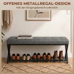 HOMCOM čalouněná lavice na boty s úložným prostorem — průmyslový X-rám z oceli, PU kůže, nosnost 220 kg, 112 × 37 × 47 cm, tmavě šedá