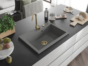 Mexen Elix, 1-korový granitový dřez 700 x 500 mm, šedá, zlatý sifon, 6526701005-71-G