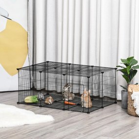 PawHut DIY Výběh pro malé zvířata s 22 síťovými panely a dveřmi pro králíky a morčata 105x70x45 cm Černý