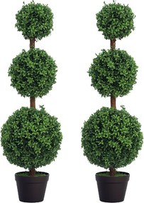 HOMCOM Sada 2 umělých stromů 101,6 cm, 3 kouličkové buxus topiary rostliny, umělá rostlina zelená PE s vnitřním a venkovním květináčem