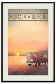 Plakát Pláže Kalifornie - anglické texty a auto při západu slunce