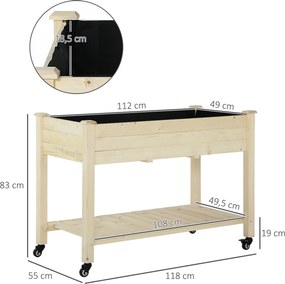 Outsunny Zvednutý městský zahradní stůl 118x55x83 cm Dřevěné zvýšené lůžko se policí Geotextilní látka Kola s brzdami Přenosné pro zahradničení na te…