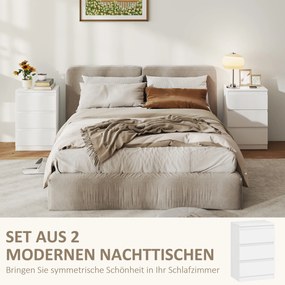 HOMCOM Noční stoly, sada 2 ks, 3 zásuvky, bezúchytový design, vzhled dřeva, bílá