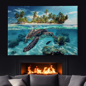 Obraz na plátně - Mořská želva a palmový ostrov FeelHappy.cz Velikost obrazu: 40 x 30 cm