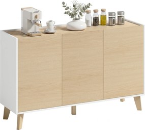 HOMCOM kuchyňské buffet, severský úložný nábytek, 3 dveře se soft-close, 6 přihrádek, přírodní vzhled dřeva a bílá