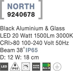 NV 9240678 Venkovní reflektor NORTH černý hliník a sklo LED 20W 3000K 100-240V 38st. IP65 - NOVA LUCE