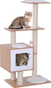 PawHut Dřevěný Škrabadlo pro Kočky 71,5x49,5x120 cm Kočičí Věž s Jeskyní, Platformami, Sisalovými Škrabacími Sloupy, Měkkými Plyšovými Polštáři a Visí