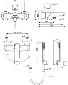 Ideal Standard Connect Air - Vanová baterie nástěnná se sprchovým setem, magnetově šedá A7056A5