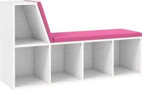 HOMCOM knihovní regál 2 v 1 s lavicí, 5 úložných přihrádek a 2 polštáři 108 x 30 x 60 cm bílá/růžová