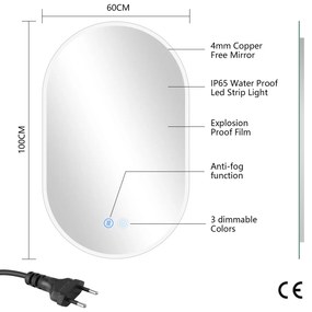Erga Demi, oválné LED zrcadlo 60x100cm, 3 barvy světla, přední osvětlení, topná podložka proti zapaření, ERG-V01-Demi-6010-CL