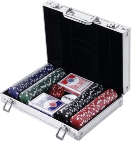 Pokerový kufřík HOMCOM s 200 žetony, 2 balíčky karet a 5 kostkami v hliníkovém kufříku, 29,5x20,5x6,5 cm, ideální pro herní večery