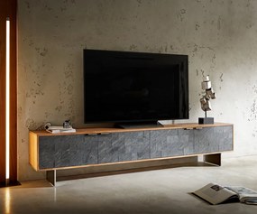 TV stolek Teele 220 cm přírodní akácie břidlice 4 dvířka podnož