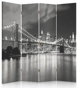 Ozdobný paraván Newyorský most Černobílý - 145x170 cm, čtyřdílný, obustranný paraván 360°